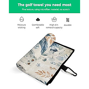 Golf Towel Christmas Eucalyptus Leaves Owl Retro Linen,Waffle Pattern Microfiber Club Cleaner Golf Towels with Carabiner Clip for Women Men Dad,Xmas Plant Animal Golf Towel for Golf Bags,24x16in