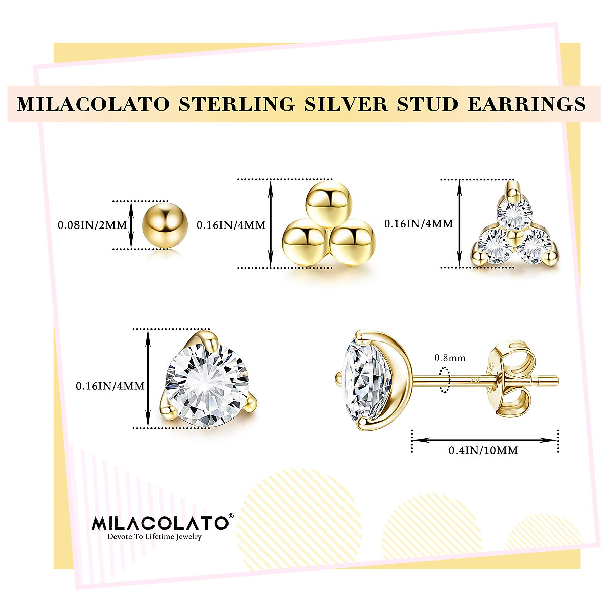 Milacolato Tiny Stud Earrings Set for Women 14K Gold Plated Sterling Silver Small Ball Trio Ball CZ Studs Round Cubic Zirconia Simulated Diamond Earring Minimalist Tragus Cartilage Piercing