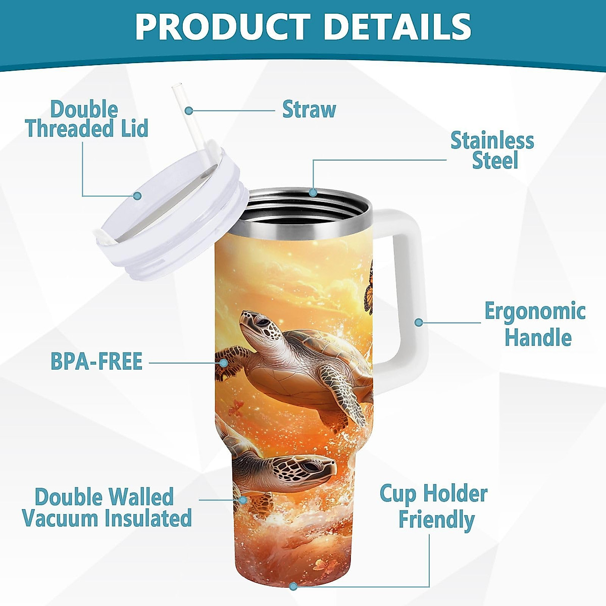 Slewiaeky Tumbler with Handle 40 oz Funny Ocean Turtle Travel Mug with Lid and Straw Butterfly Stainless Steel Vacuum Insulated Water Bottle Cup for Iced Tea Coffee Cold Beverages Cup Holder Friendly