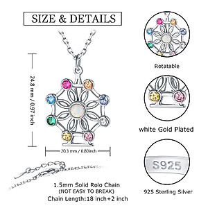 Silver Spinner Ferris Wheel Necklace - 925 Sterling Silver Romantic Fidget Anxiety Ferris Wheel Jewelry Necklaces for Women, Christmas Gifts Dainty Multi Gemstone Ferris Wheel Opal Necklace for Her