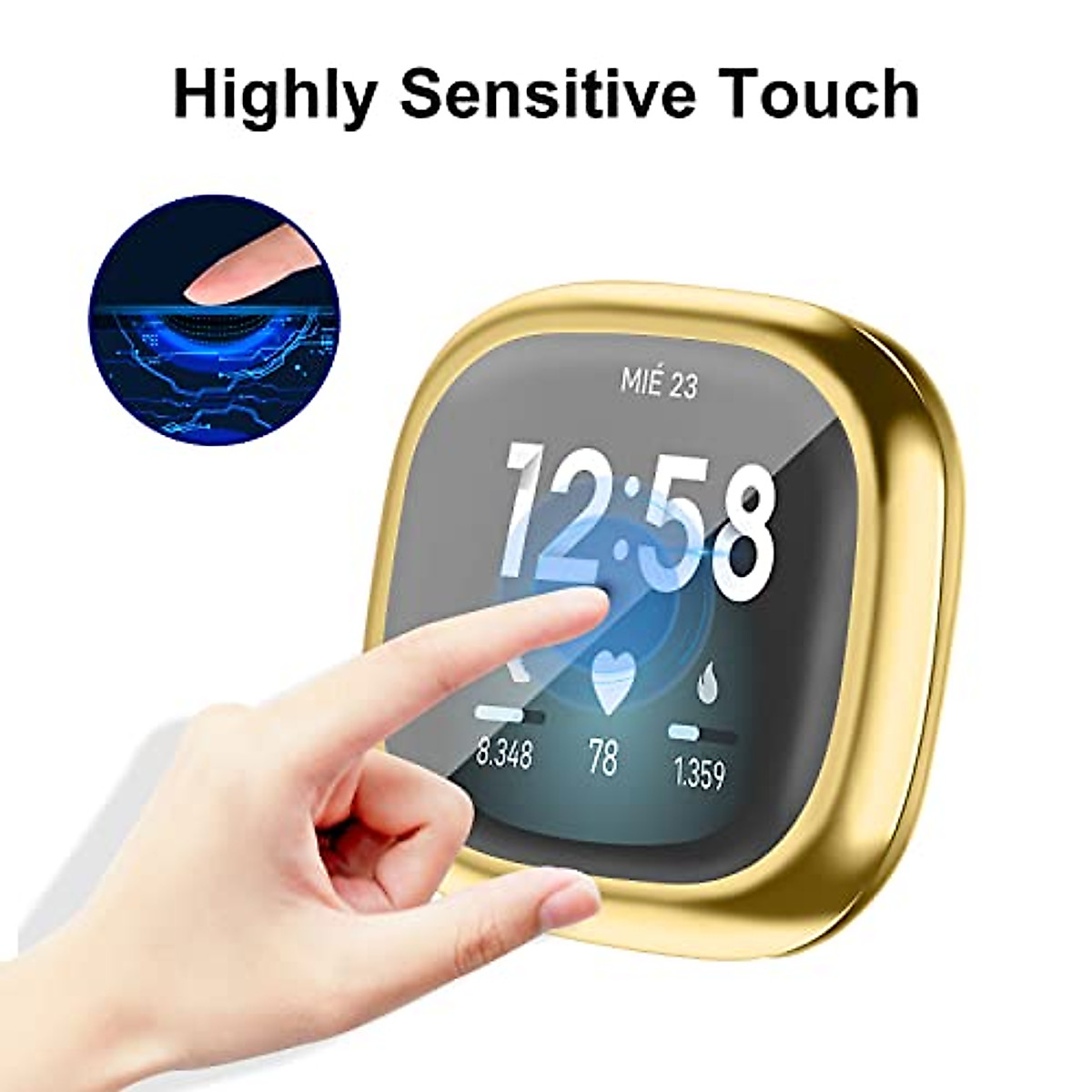 Vanjua Compatible with Fitbit Versa 3 Screen Protector Case, [3 Pack] Soft TPU Bumper Full Around Protective Cover for Fitbit Versa 3 & Fitbit Sense Smartwatch Accessories (Gold+Gray+Clear)