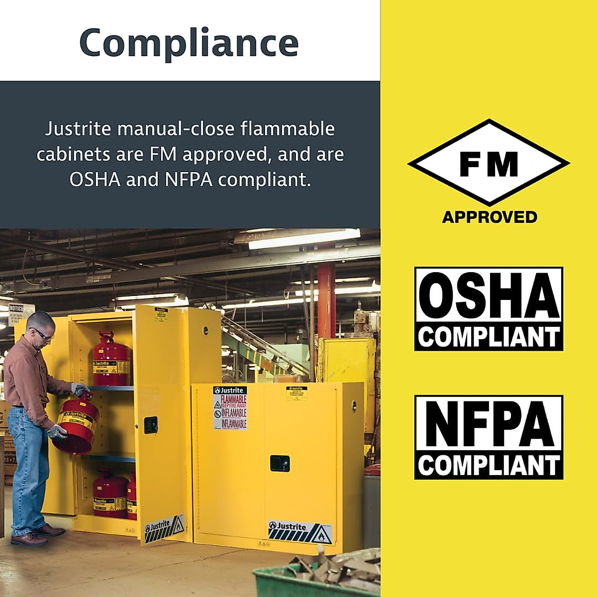 JUSTRITE 894500 Sure-Grip EX Standard Safety Cabinet, 43w x 18d x 65h, Yellow