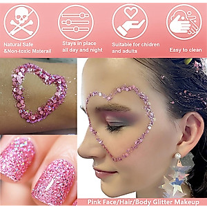 Go Ho Pink Face Body Glitter,Singer Concerts Pink Face Paint Glitter Makeup,Holographic Chunky Sequins Glitters for Eye Lip Hair Nails,Festival Glitter Rave Accessories,03 Pink Glitter 52g