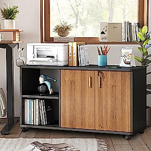 File cabinets for Home Office,Wood File Cabinet with Lock Wheels,Printer Stand with Open Storage,High Capacity File Organizer Multifunctional Mobile Filing Cabinet with Open Storage Shelf Black