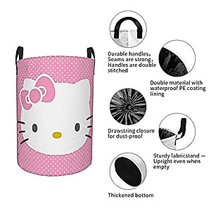 ZHANGJQ Pink Hello Kitty Laundry Hamper Laundrys Basket Large Waterproof Drawstring Foldable with Handles 48L Round Storage Bag,Bathroom/Bedroom/Dorm
