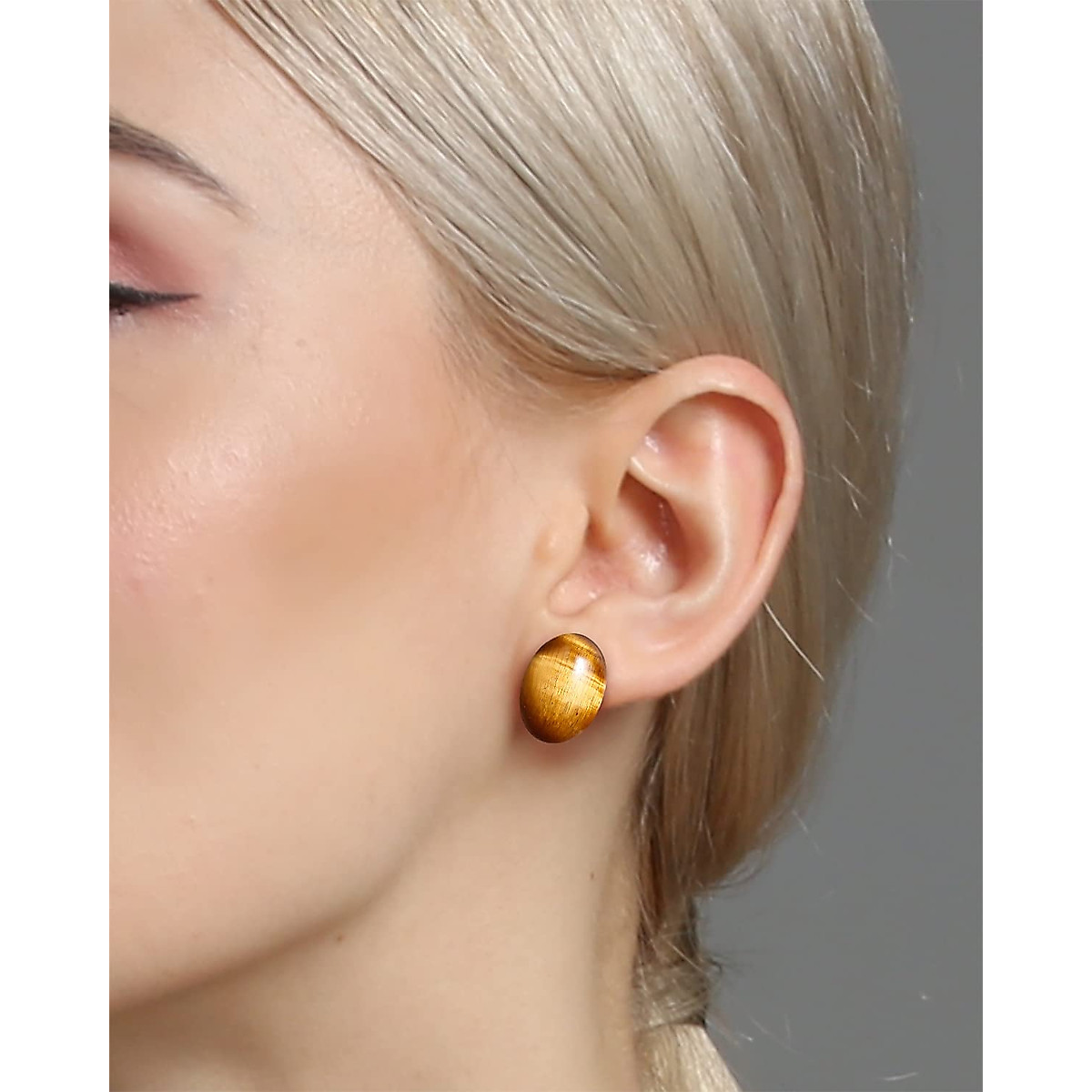 Jewever Tiger Eye Gemstone 925 Sterling Silver Earrings for Women Stud Mens Earrings Stud Healing Crystals Jewellery for Women (Oval)