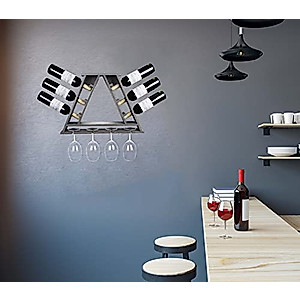 Charmont Wooden Rustic Wine Rack - Floating Triangle Wall Mounted Wine & Glass Holder - Perfect Wall Home Decor Bar, Kitchen Storage, Dining Room, Wedding Gift (Grey Holds 6 Bottles & 4 Stemware Cups)