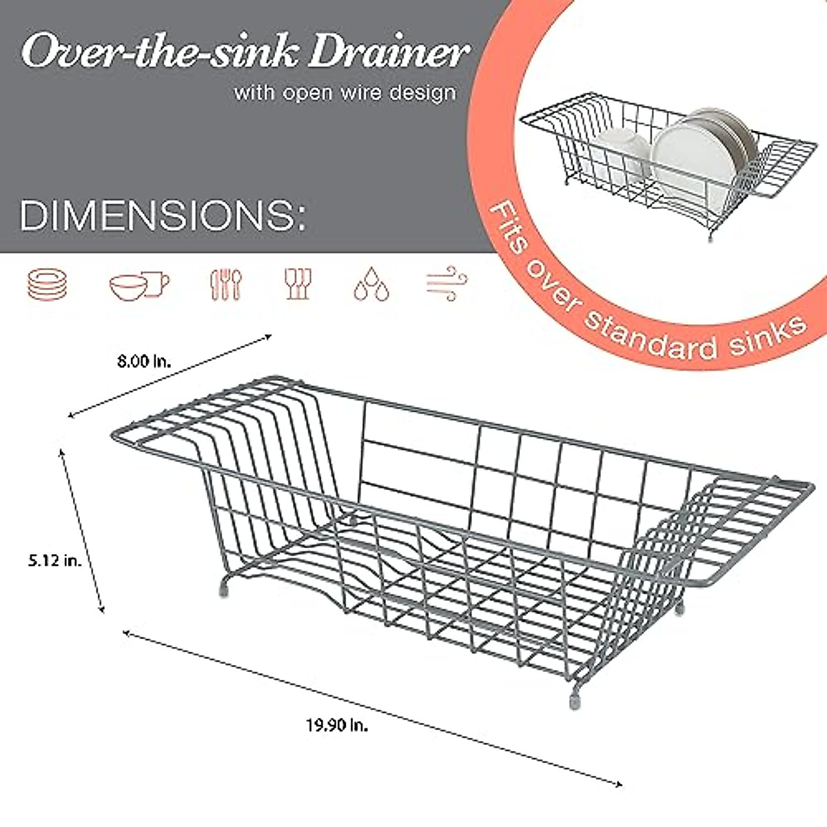 Kitchen Details Sink Dish Drainer Drying Rack | Dimensions: 19. 92" x 7. 99" x 5. 12" | Space Saving | Kitchen | Fits Over Standard Sink | Grey