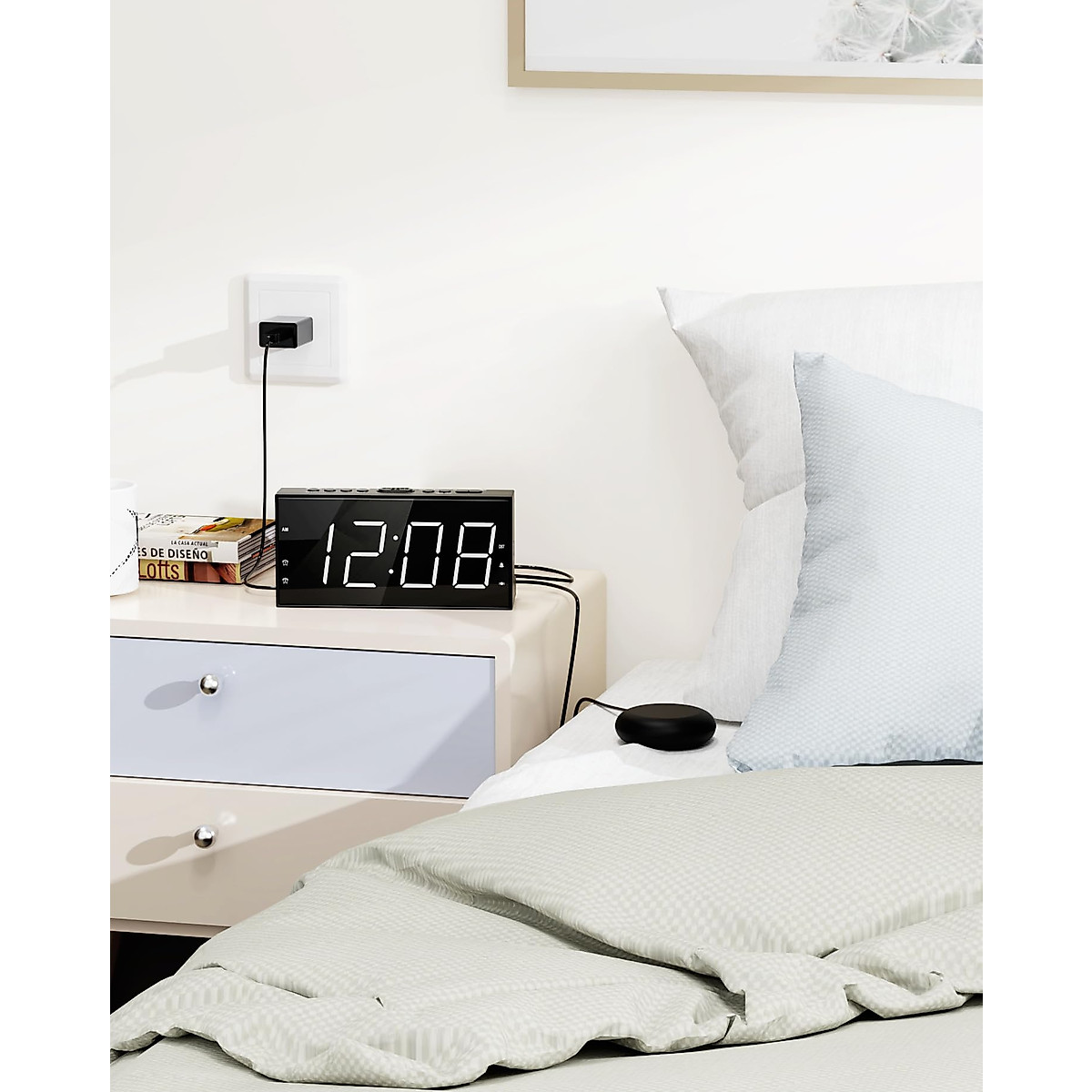 Loud Alarm Clock with Bed Shaker for Heavy Sleeper, Dual Vibrating Alarm Clock with USB Charger for Hearing-impaired Deaf, 7.5’’ Large LED Display with Dimmer, Snooze, 12/24H & Battery Backup