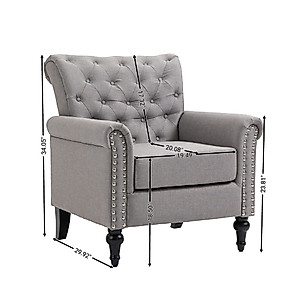 Gecheer Mid-Century Modern Accent Chair, Linen Armchair w/Tufted Back/Wood Legs, Upholstered Lounge Arm Chair Single Sofa for Living Room Bedroom, Light Grey