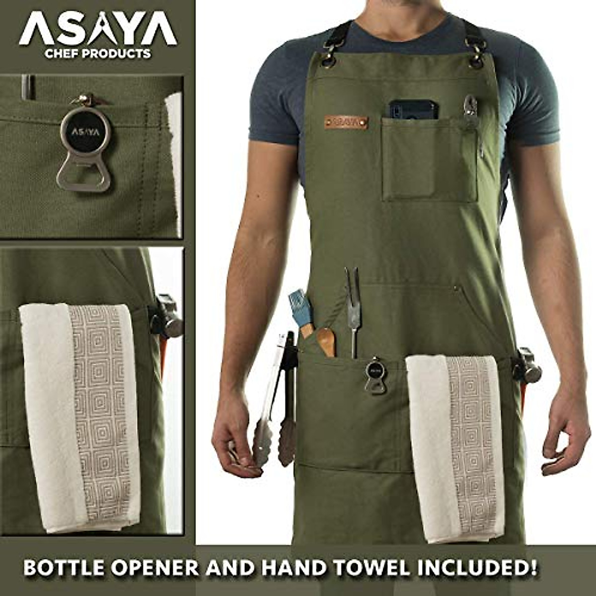 Asaya Chef, BBQ and Work Apron with Bottle Opener and Hand Towel - Durable 10oz Cotton Canvas, Brass Hardware and Cross Back Straps - For Men, Women, Grilling, and Cooking (Green)