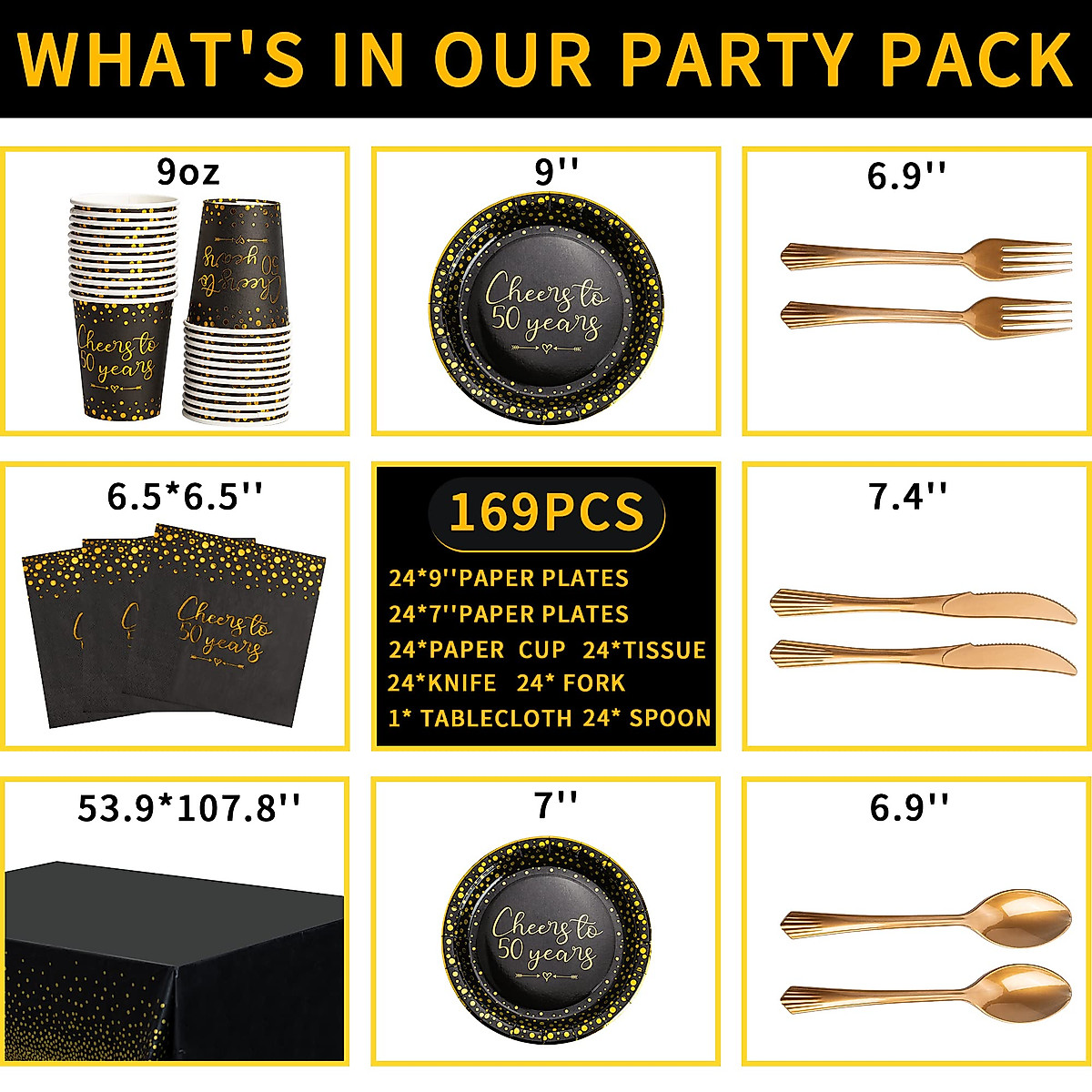Sparkles Hub 50th Birthday Party Supplies Tableware Serves 24: 9" Paper Plates 7" Plate 9 Oz Cups Napkins Forks Knives Tablecloth 50th Birthday Black & Gold Dot Themed Disposable Dinnerware
