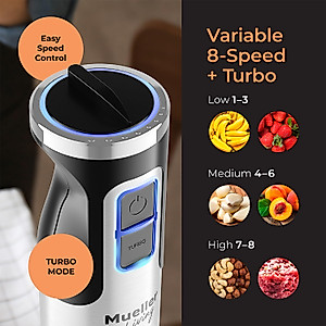 Mueller Ultra-Stick 500 Watt 9-Speed Immersion Multi-Purpose Hand Blender Heavy Duty Copper Motor Brushed 304 Stainless Steel With Whisk, Milk Frother Attachments