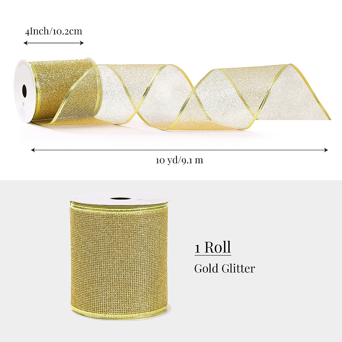 PAPER FAIR 1 Roll 4 Inch Wide 10 Yd Gold Glitter Wired Ribbon, Metallic Gold Mesh Wired Edge Ribbon for Christmas Tree Décor, Gift Wrapping Box, Bows, Wreath, Garland, DIY Craft