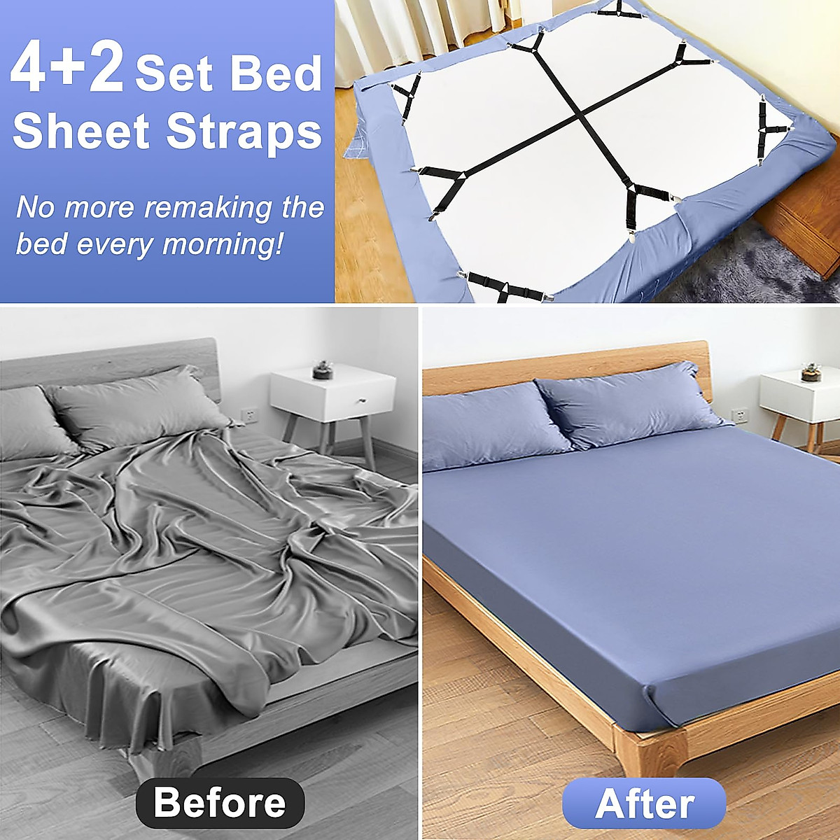 Bed Sheet Straps, 6 Pack Fitted Bed Sheet Fasteners Clips Adjustable Crisscross Bed Sheet Holder Straps for Corners Mattress Sheet Suspenders Grippers Bedding Accessories, Black