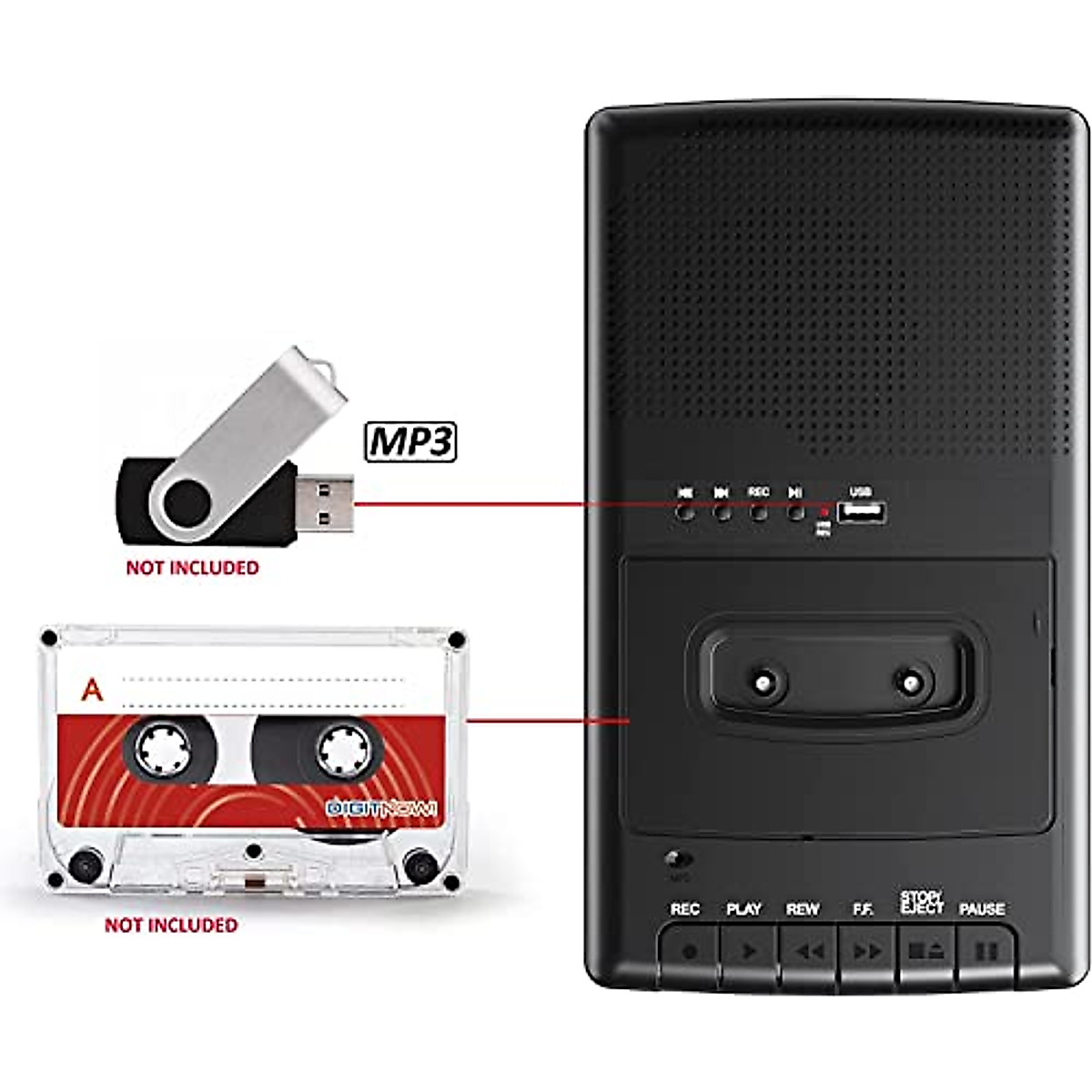 Portable Cassette Player Recorder with Stand-Alone Microphone, Walkman Tape Cassettes Converter MP3 with USB Player, Captures USB Stick Audio Files, Built-in Speaker/Retractable Handle/Headphone Jack