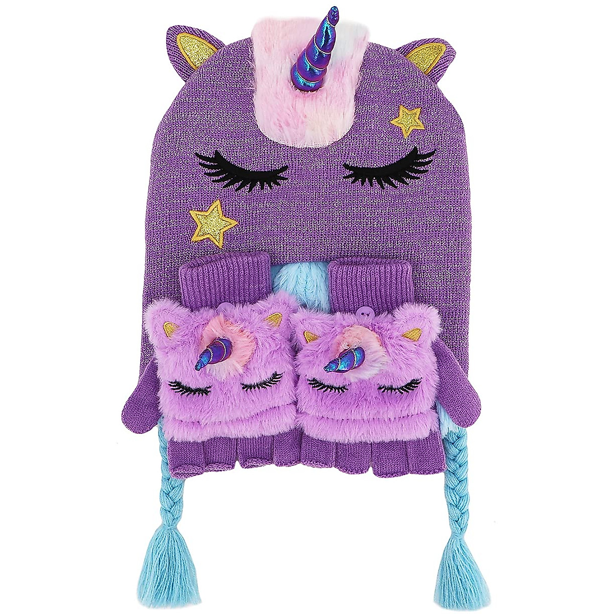 Kids Girls Cute Glitter Unicorn Beanie Winter Hat and Glove Set Knitted Earflap Cap Flip Top Mitten Set Purple