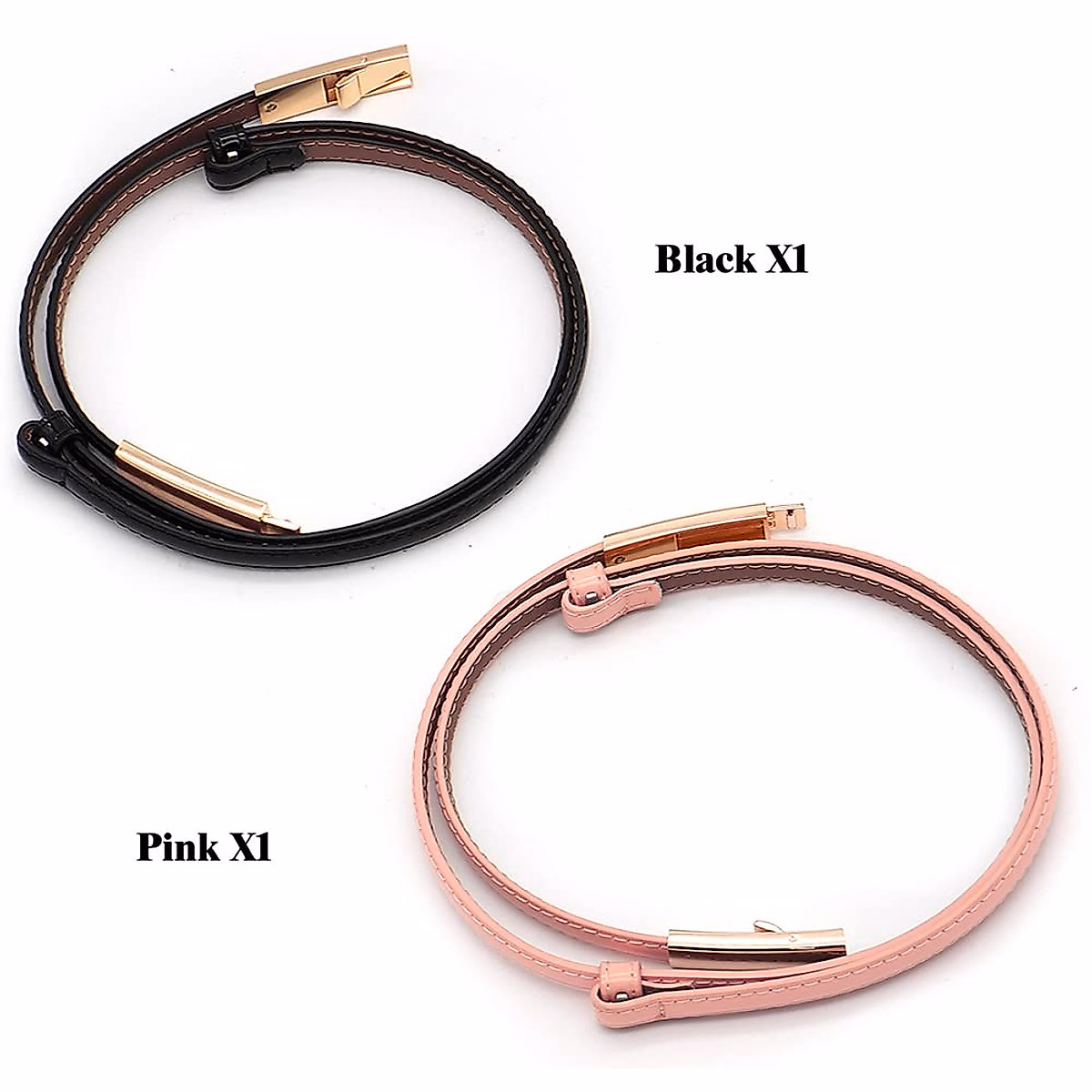 Glamorstar Women Skinny Patent Leather Slim Belt Adjustable Alloy Buckle Waist Belt for Dress (Black Pink, Fit Waist 21.6"-38.1")