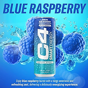 C4 Smart Energy Drink – Boost Focus and Energy with Zero Sugar, Natural Energy, and Nootropics - 200mg Caffeine - Blue Raspberry (12oz Pack of 12)