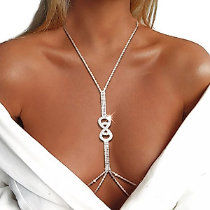 Woeoe Sparkly Rhinestone Bra Chain Silver Crystal Chest Chains Sexy Nightclub Beach Party Rave Body Chain for Women