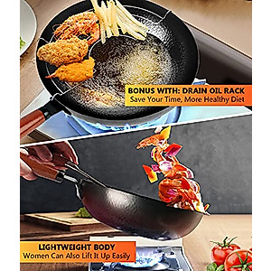 kaqinu Carbon Steel Wok Pan, 14 Piece Woks & Stir-Fry Pans Set with Wooden Lid & Cookwares, No Chemical Coated Flat Bottom Chinese Woks Pan for Induction, Electric, Gas, Halogen All Stoves - 12.6''