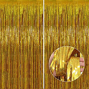 Foil Fringe Curtain Backdrop Glitter Fringe Rain Curtain for Party/Birthday/Graduation Decorations and New Year Eve Set of 2. 3.2ft x 9.8 ft(Gold)