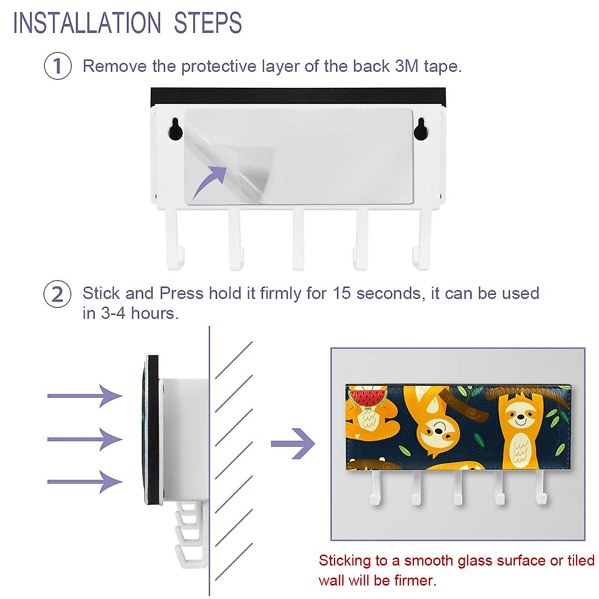 Cute Baby Sloth Sleep on The Tree Key Holder for Wall with Mail Organizer, Self Adhesive Key Rack with 5 Hooks, Decorative Home Decor for Entryway Bathroom Kitchen
