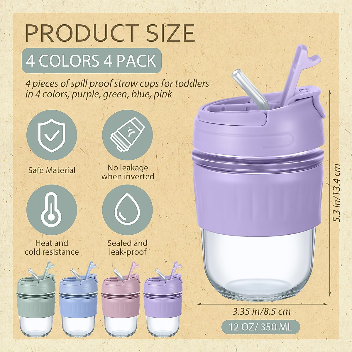 Yaomiao 4 Pieces Kids Toddler Cups, 12 oz Toddler Glass Cups with Silicone Sleeves and Plastic Straws Spill Proof Glass Sippy Cup with Stoppers for Toddlers Baby Food Storage Smoothie, 4 Colors