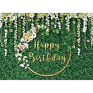 Maijoeyy 7x5ft Green Happy Birthday Backdrop Green Grass Birthday Backdrop for Women Green Leaves White Flower Birthday Backdrops for Party Birthday Decorations
