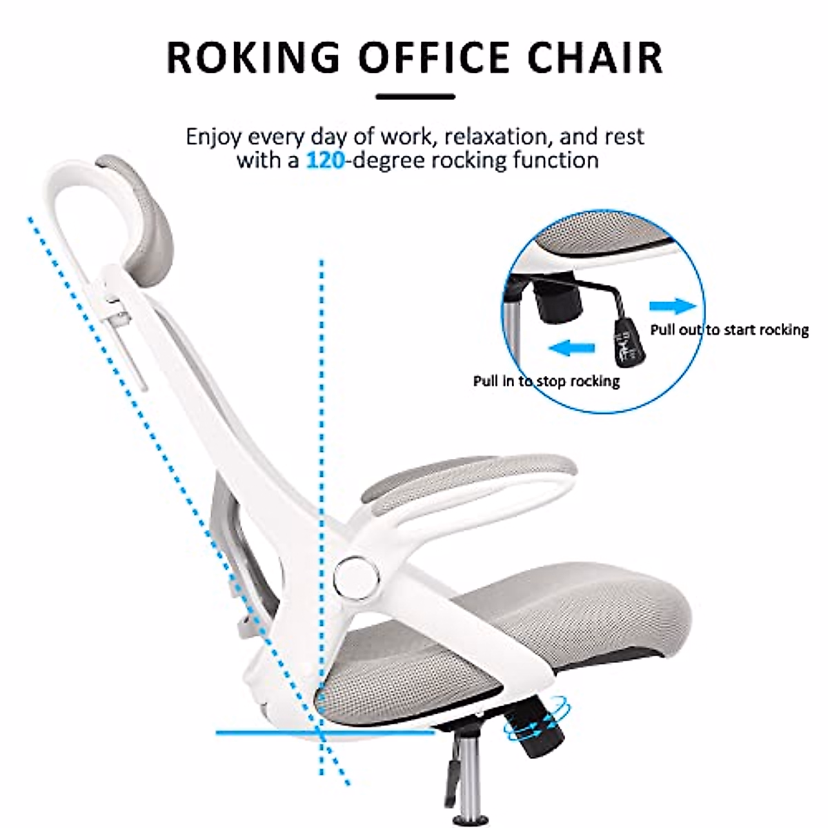 HYLONE Office Chair Executive Mesh Computer Desk Chair Comfortable with Headrest, Flip-up Arms, Adjustable Height, White