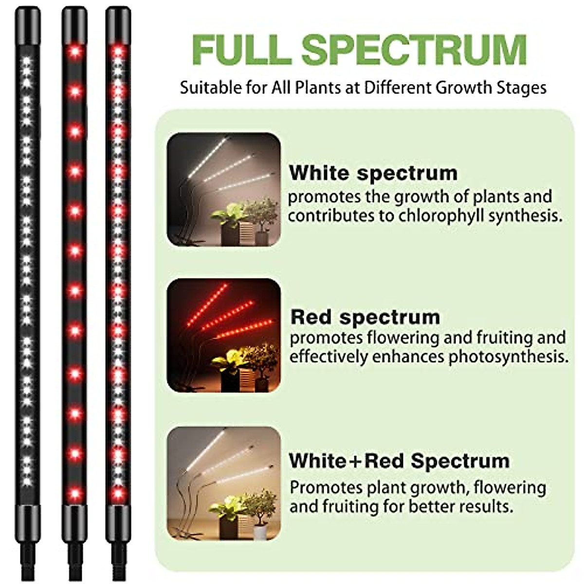 BAEDAOD Grow Lights for Indoor Plants, 6000K 135 LEDs Grow Light for Seed Starting with Full Spectrum, Clip Plant Lights with Flexible Gooseneck，3/9/12H Timer, 10 Dimmable Levels, 3 Switch Modes