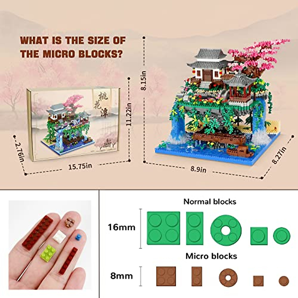 NEWABWN Peach Blossom Pond Micro Mini Building Blocks Set for Adults and Kids, Chinese Architecture Cherry Bonsai Tree Gift Toys with String Lights, Japanese Sakura Tree House Micro Bricks (3320PCS)