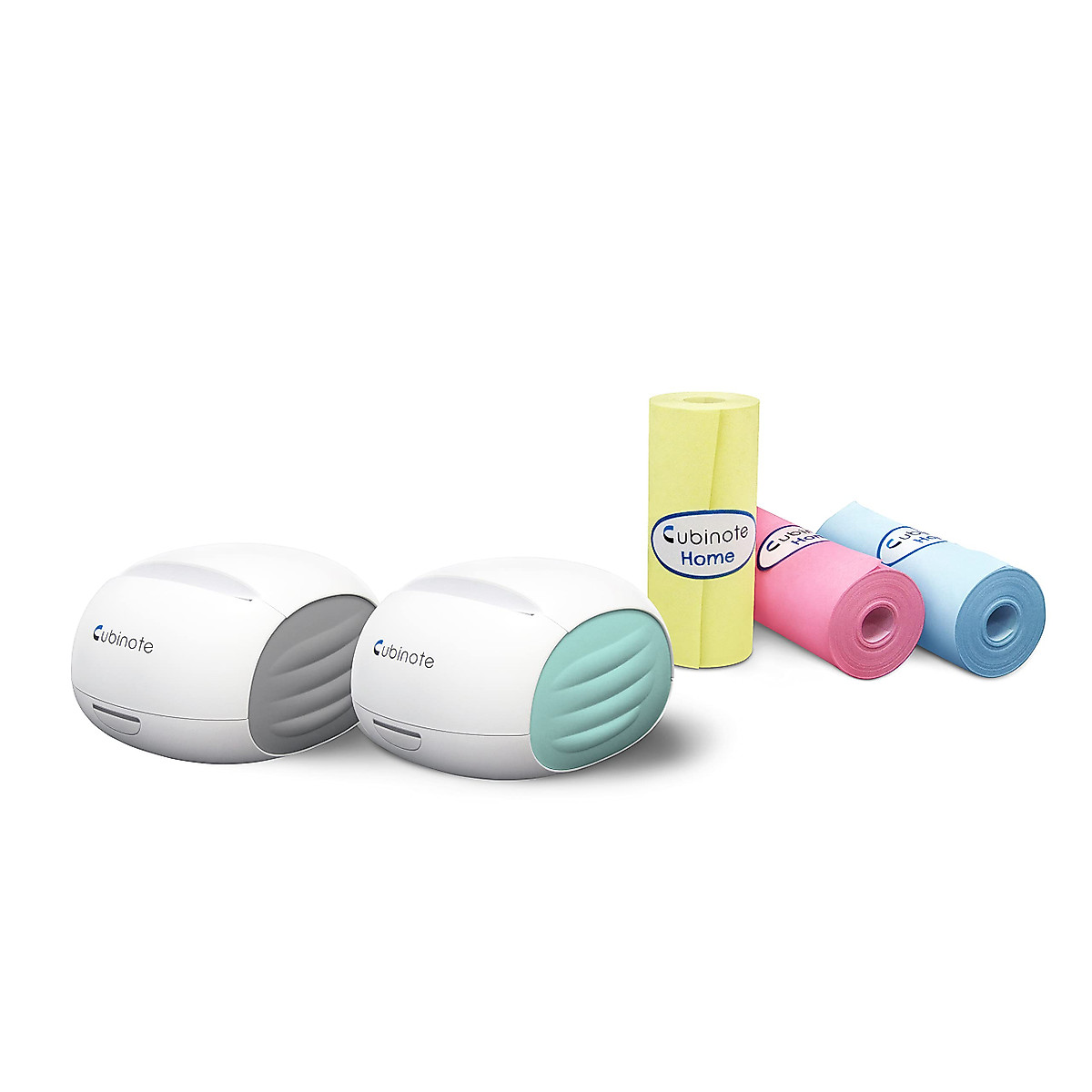 Cubinote Home Thermal Printer | No Ink Printer | Note and Label Pocket Printer | Black/White Mini Picture and Note Printer - Value Pack with 3 Colored Mini-Rolls (Blue, Pink & Yellow) (Grey)