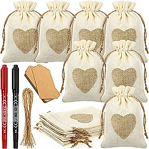 52 Pieces Valentines Heart Burlap Bags with Drawstring Set Include 25 Small Heart Drawstring Pouch 6 x 4 Inches 25 Present Tags with Ropes and 2 Mark Pens Candy Pouches for Birthday Party Wedding