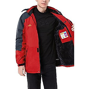 Men's Mountain Waterproof Ski Jacket Windproof Rain Jacket Winter Warm Snow Coat II with Removable Hood U120WCFY028,Red,L