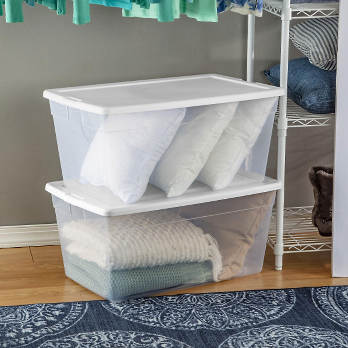 Sterilite 90 Qt Storage Box, Stackable Bin with Lid, Plastic Container to Organize Clothes, Blankets, Towels in Closet, Clear with White Lid, ‎29.75"L x 13.5"W x 18.75"H, 4-Pack