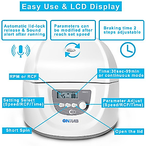 ONiLAB Lab benchtop Centrifuge Machine 6x50mL, 6X 15mL/10mL/7mL/1.5-5ml, Digital Desktop Lab Centrifuge, Timer 30sec-99min, Speed 300-4000rpm(Max. 1800xg)