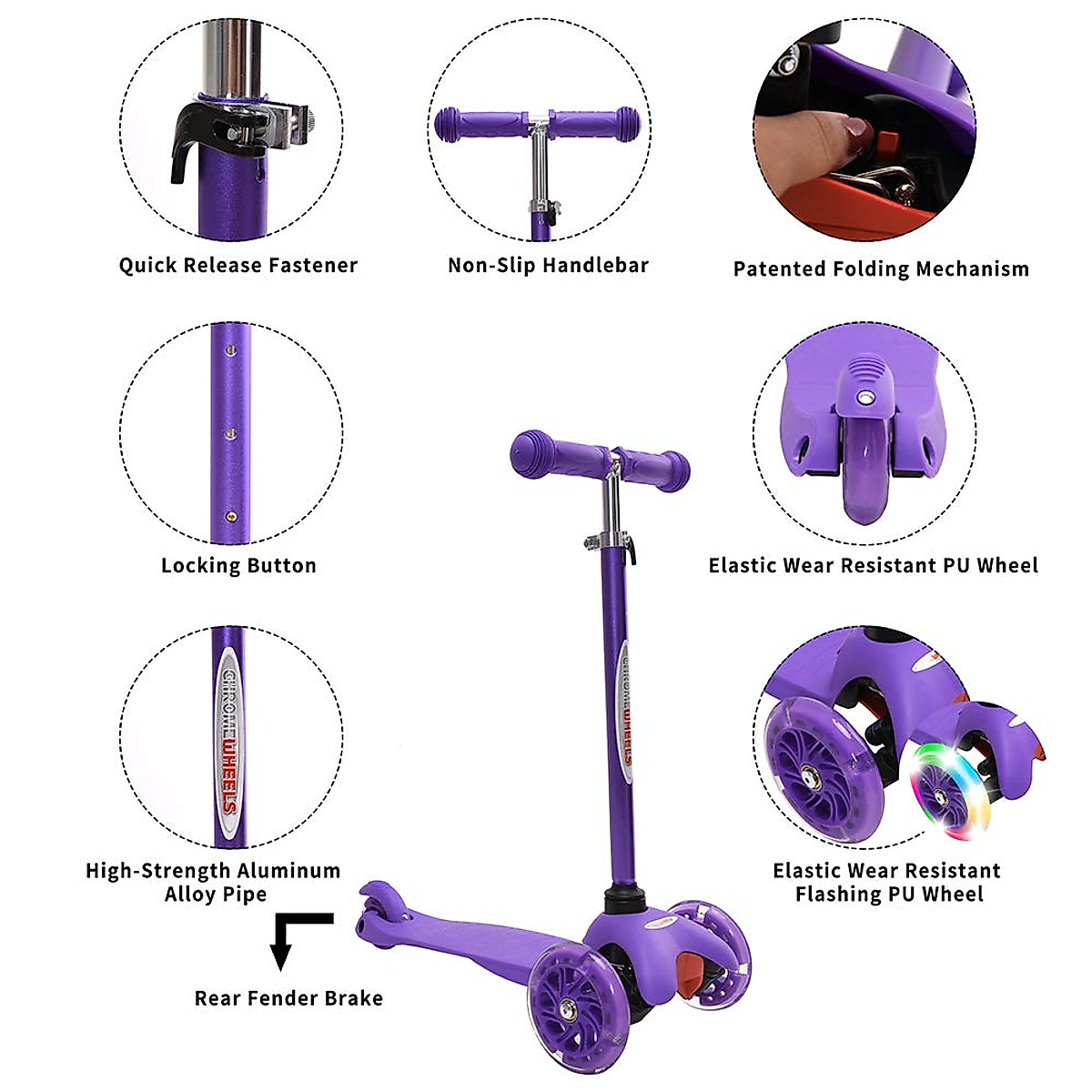 ChromeWheels Scooter for Kids, Deluxe 3 Wheel Scooter for Toddlers 4 Adjustable Height Glider with Kick Scooters, Lean to Steer with LED Flashing Light for Ages 3-6 Girls Boys, Purple