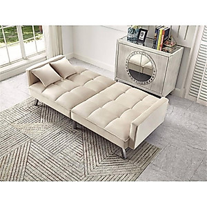 Legend Furniture 80'' Velvet Fabric Convertible Futon Bed with Two Pillows, Sleeper Sofa Couch with 3 Adjustable Backrests, Large Sleeping Area Sofabed, Cream