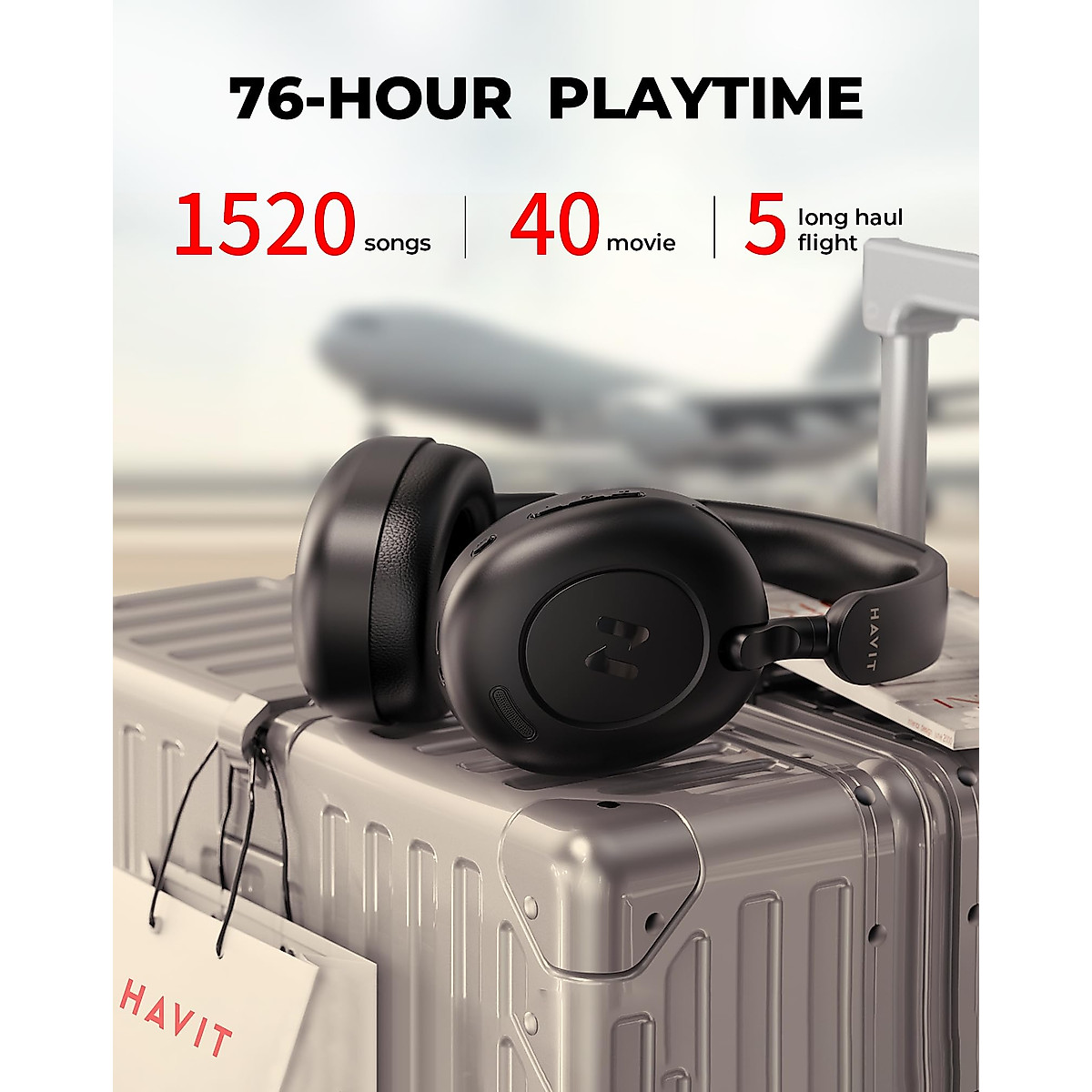 havit H655BT Hybrid Active Noise Cancelling Headphones for Airplane Travel, Wireless Over Ear Bluetooth Headphones, 76H Playtime, Hi-Res Audio, Super Bass via App, 5 Mic for Noise Cancelling