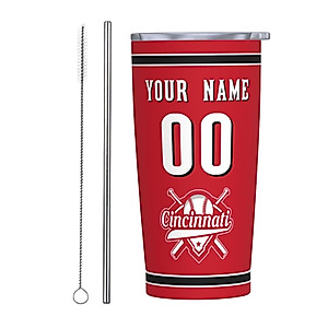 Cincinnati Custom Baseball 20oz Tumbler,Add Personalized Name And Number,Personalized Travel Coffee Mug, Stainless Steel, Insulated, Keep Drinks Cold And Hot,Gifts For Baseball Fans