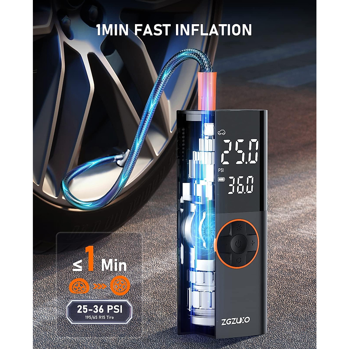 Tire Inflator Portable Air Compressor, 150PSI Fast Cordless Bike Tire Pump, Battery & 12V DC Dual Power Bike Pump with Digital Pressure Gauge, LED Light for Cars, Motorcycles, Bicycles, Balls and More