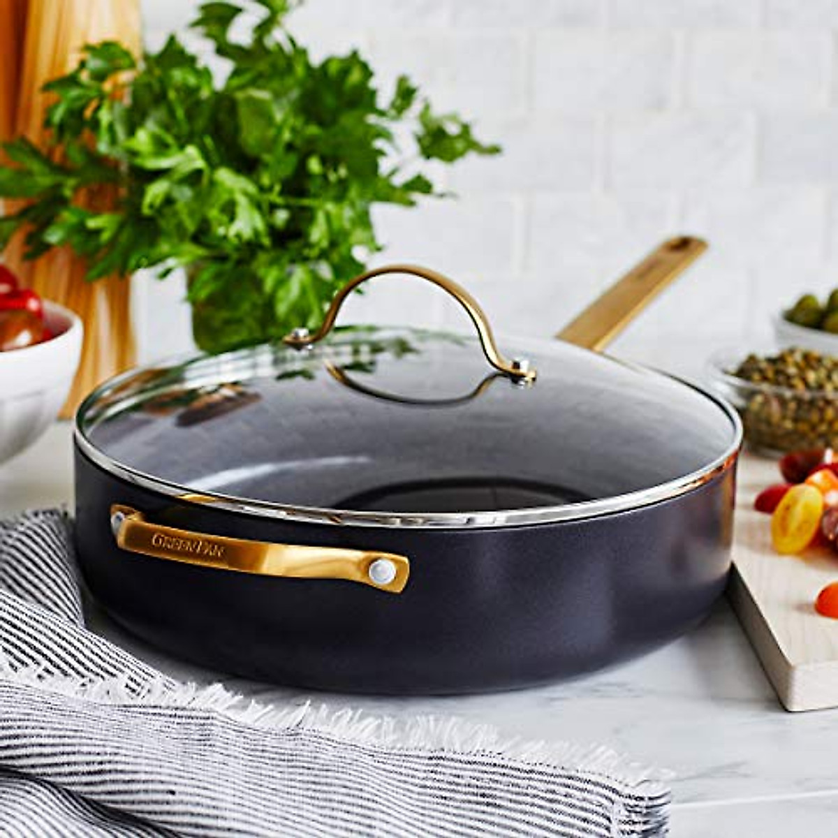 GreenPan Reserve Hard Anodized Healthy Ceramic Nonstick 4.5QT Saute Pan Jumbo Cooker with Helper Handle and Lid, Gold Handle, PFAS-Free, Dishwasher Safe, Oven Safe, Black