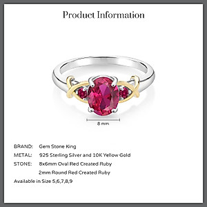 Gem Stone King 2 Tone 925 Sterling Silver and 10K Yellow Gold Oval Red Created Ruby Ring For Women (1.45 Cttw, Available In Size 5, 6, 7, 8, 9)