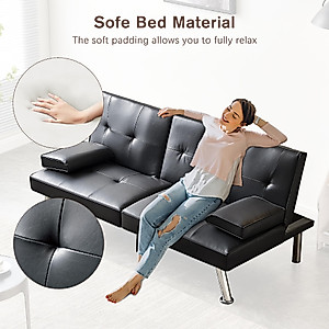66“ Modern Futon Sofa Bed Couch: Linen Fabric,2 Cup Hodlers,Removable Armrests,Convertible Folding Loveseat Sleeper for Living Room Bedroom Small Space Apartment