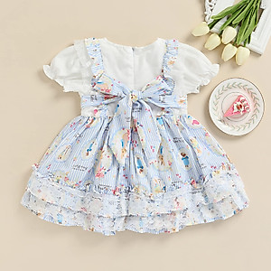 Kids Toddler Baby Girl Easter Dress Short Puff Sleeve Rabbit Bunny Print Ruffle Lace Patched Princess Dress (3-4T, Lace+Blue)