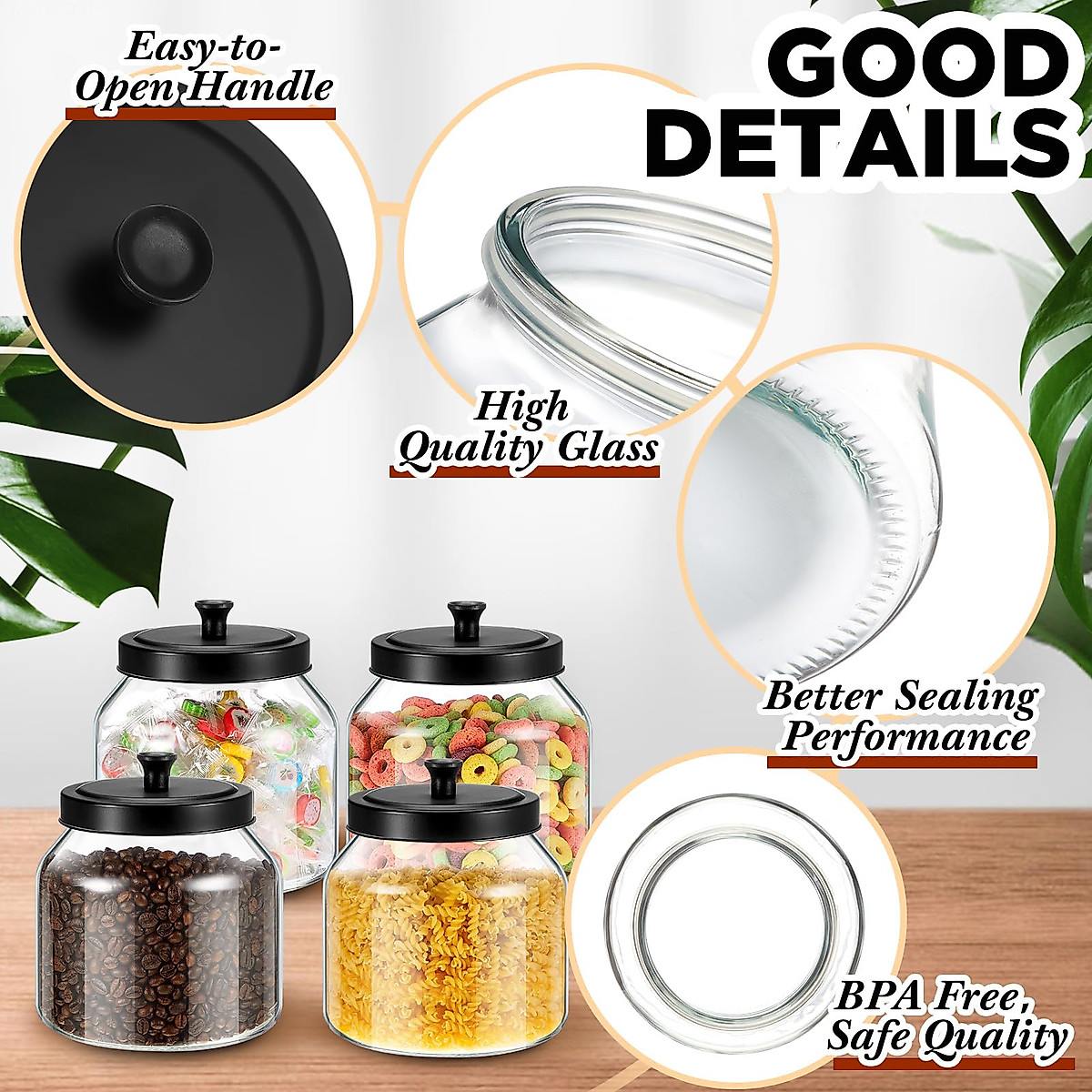 meekoo 4 Set Glass Jars with Black Lids 67 oz Glass Canister Set with Sealed Matte Metal Lid for Kitchen Organizer Food Storage Jars for Candy Coffee Cookies