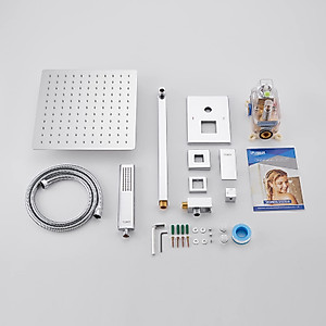 Iriber 12 Inch Bathroom Shower System Polish Chrome Wall Mounted Square Mixer Shower Faucet Combo Set with Hand Held Rough-in Valve Rainfall Shower and Trim