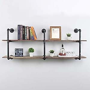 Industrial Pipe Floating Shelves,2 Tiers Wall Mount Bookshelf,63in Rustic Wall Shelves,DIY Storage Shelving Wall Shelf,Rustic Wall Shelving Unit,Wall Book Shelf for Home Organizer,Black Brushed Silver