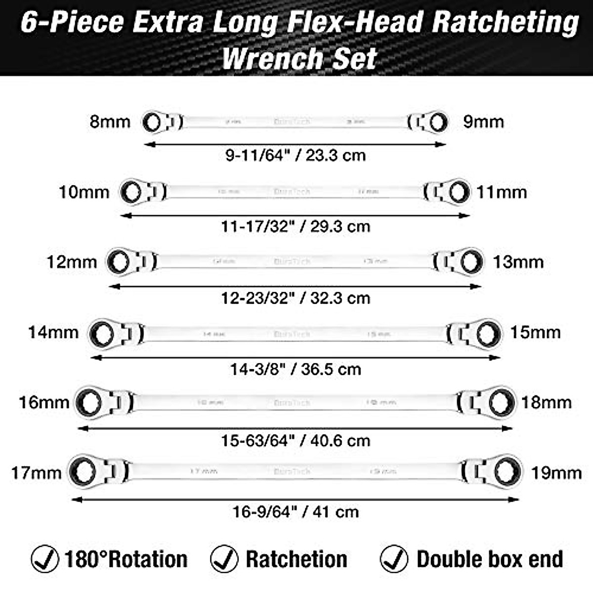 DURATECH Extra Long Flex-Head Ratcheting Wrench Set, Double Box End Wrench Set, 6-Piece, Metric 8-19mm, CR-V Steel, with Pouch